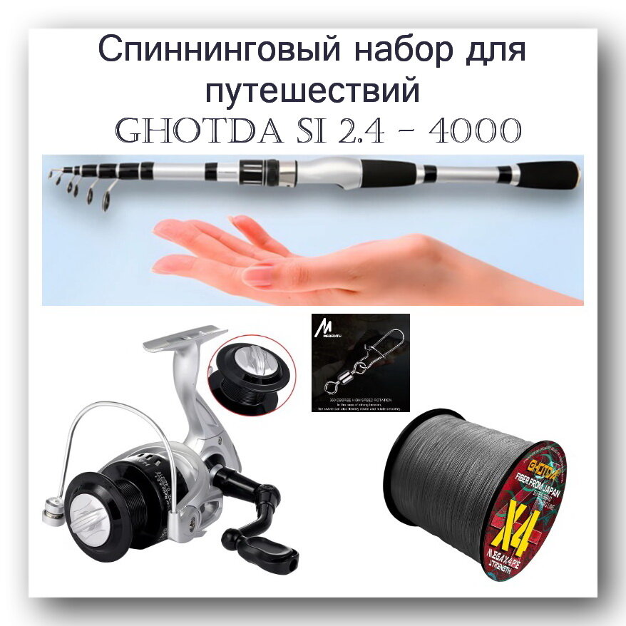 Готовый набор для рыбалки, спиннинг телескопический комплект с катушкой плетеным шнуром и карабином, трэвел - спиннинг.
