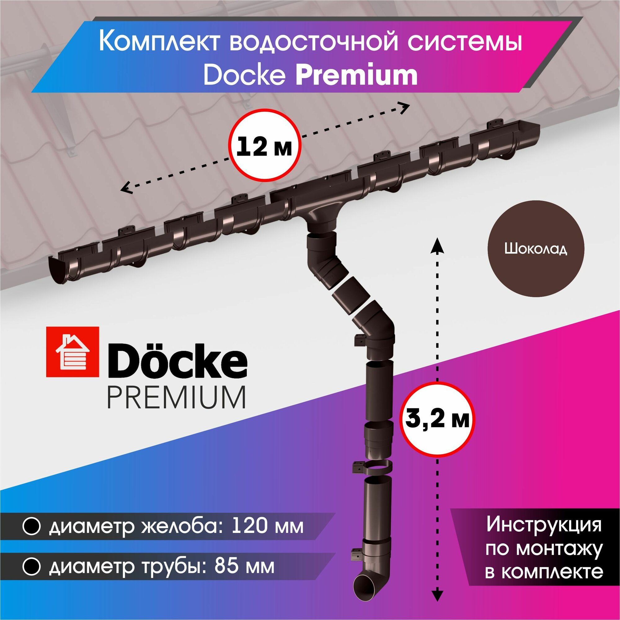 Комплект водосточной системы Docke Premium для ската 12м, Шоколад