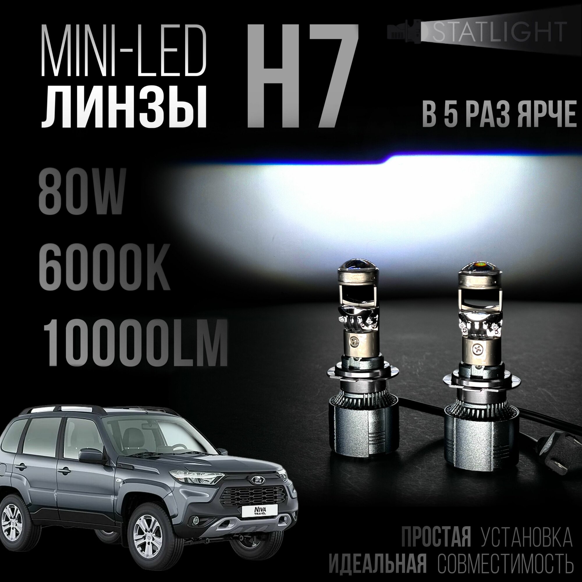 Лампа автомобильная светодиодная H7 Нива Тревел В рефлектор мини линзы H7, LED лампы H7, белые 6000k, 10000Lm, н7 лед линзы, 2 шт