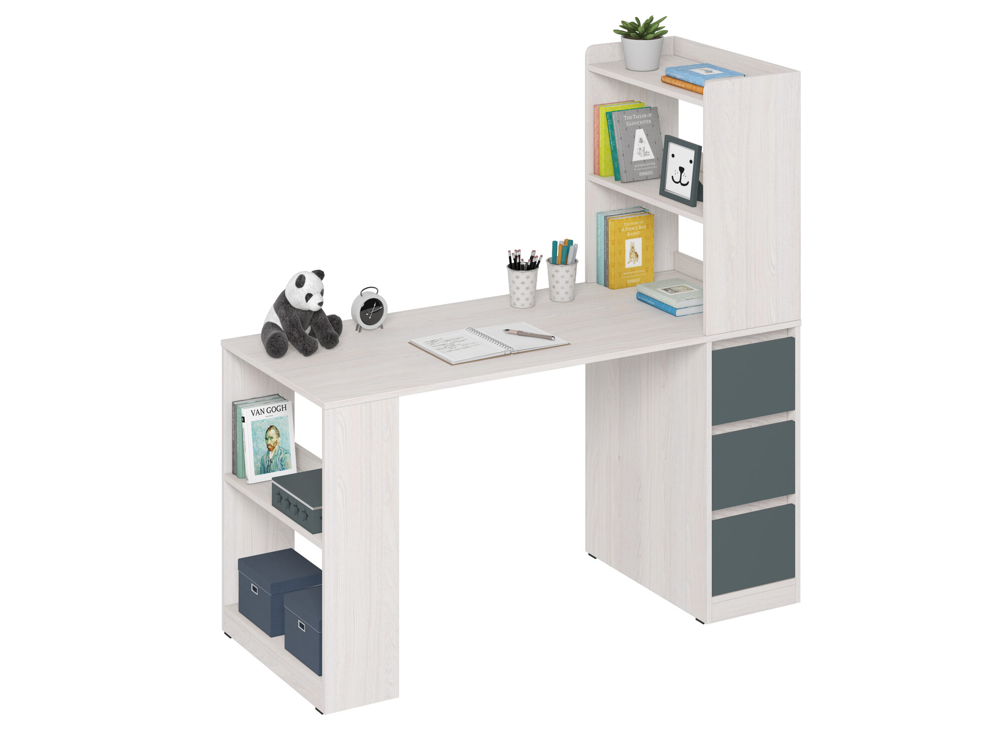 Компьютерный стол с полками, с ящиками Есэндвич Grand Лаворо-4 140х60х140 см (Анкор белый/Базальт)