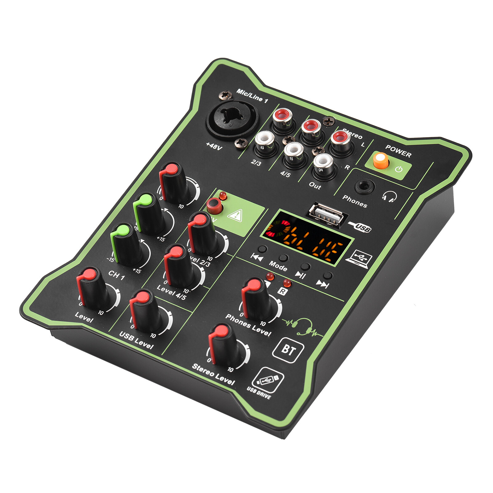 5-Channel Compact Audio Mixer Sound Mixing Console 48V Phantom Power USB Interface LED Display Built-in Reverb Effect BT Function for DJ Recording Live Broadcast Karaoke