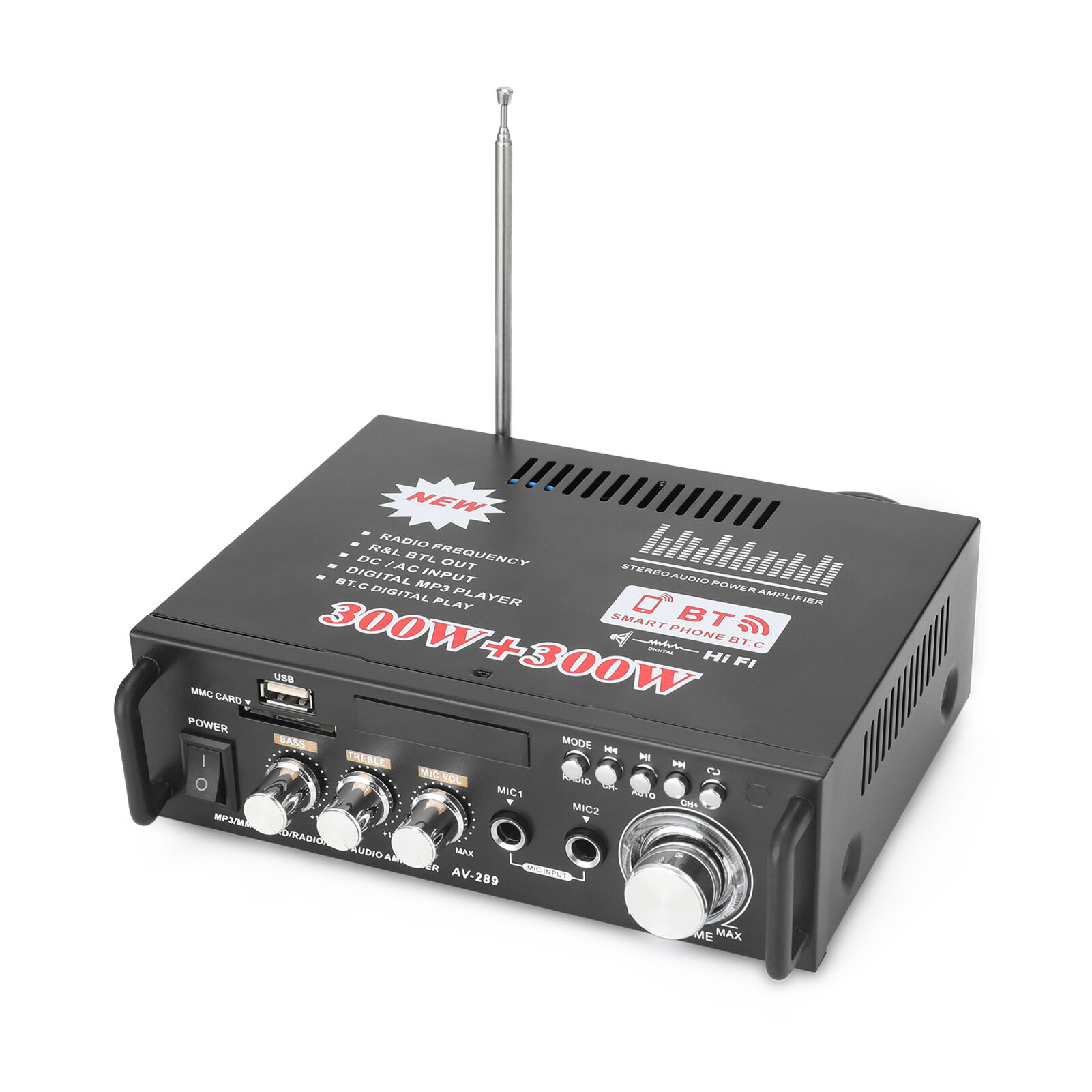 12V/ 220V Mini 2CH LCD Display HIFI Audio Stereo Power Amplifier BT FM Radio Portable Car Home 600W Remote Control