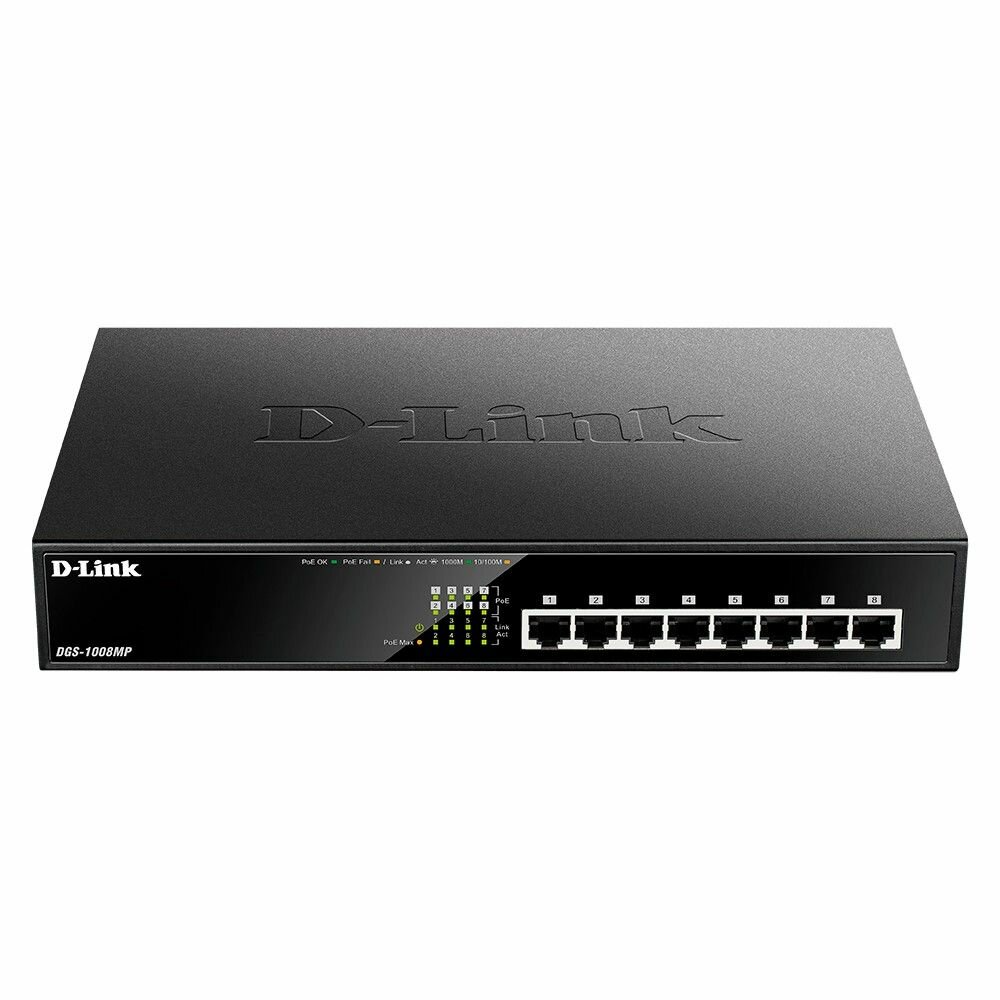 D - Link Сетевое оборудование DGS - 1008MP B1A Неуправляемый коммутатор с 8 портами 10 100 1000Base - T с поддержкой PoE 802.3af at PoE - бюджет 125 Вт