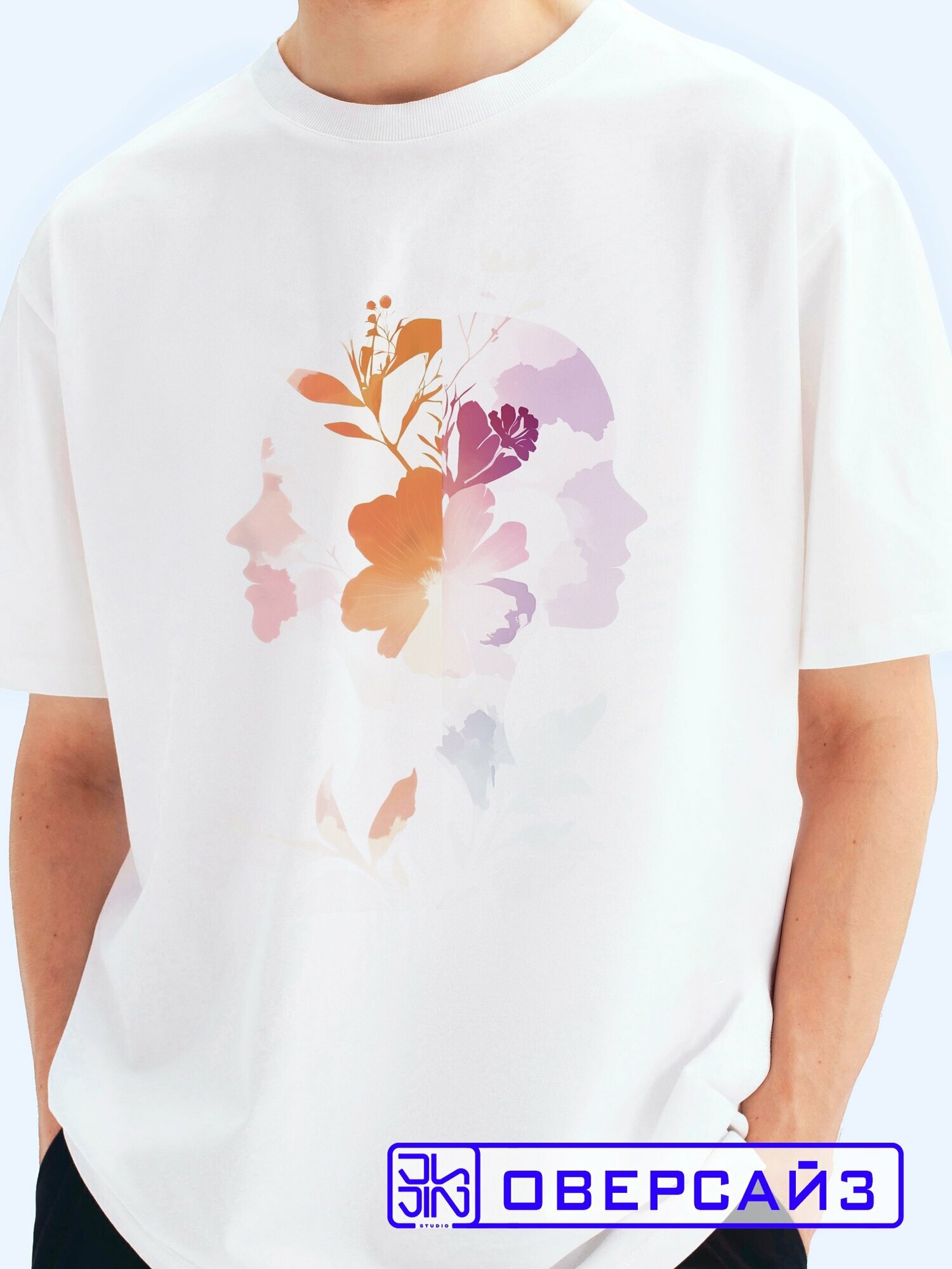 Футболка оверсайз мужская с принтом Силуэт женского профиля с абстрактными цветочными узорами в нежно розовой гамме, белый хлопковый трикотаж с прикольным рисунком на груди