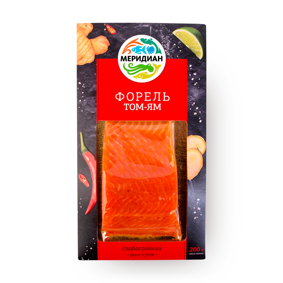 Форель слабосоленая Меридиан "Том ям", филе, вакуумная упаковка, 200 г