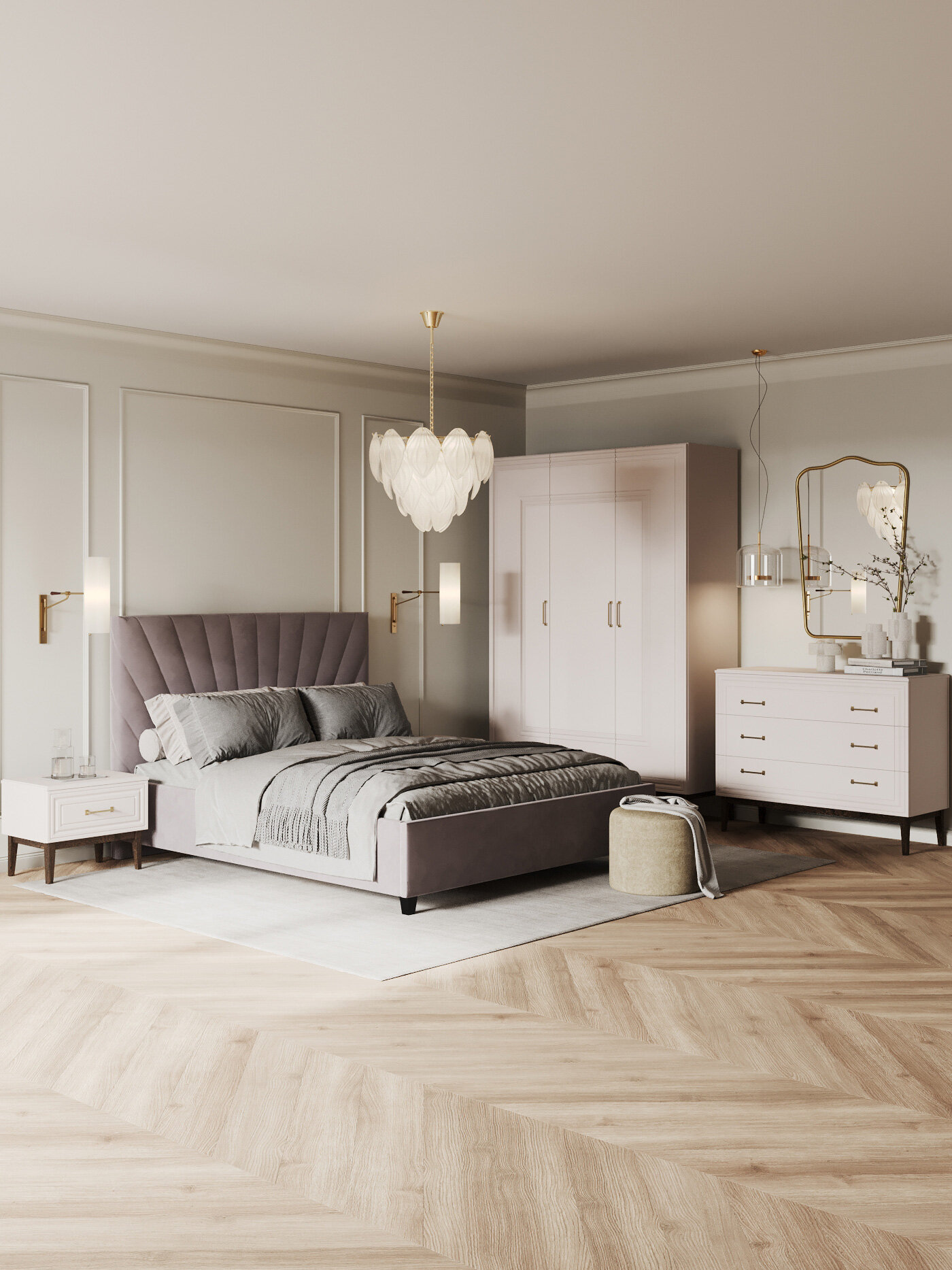 Спальный гарнитур, комплект Гордона Макси, кровать, тумба, комод, шкаф, Льняной МДФ / Персидский жемчуг, ЛДСП / Какао, велюр