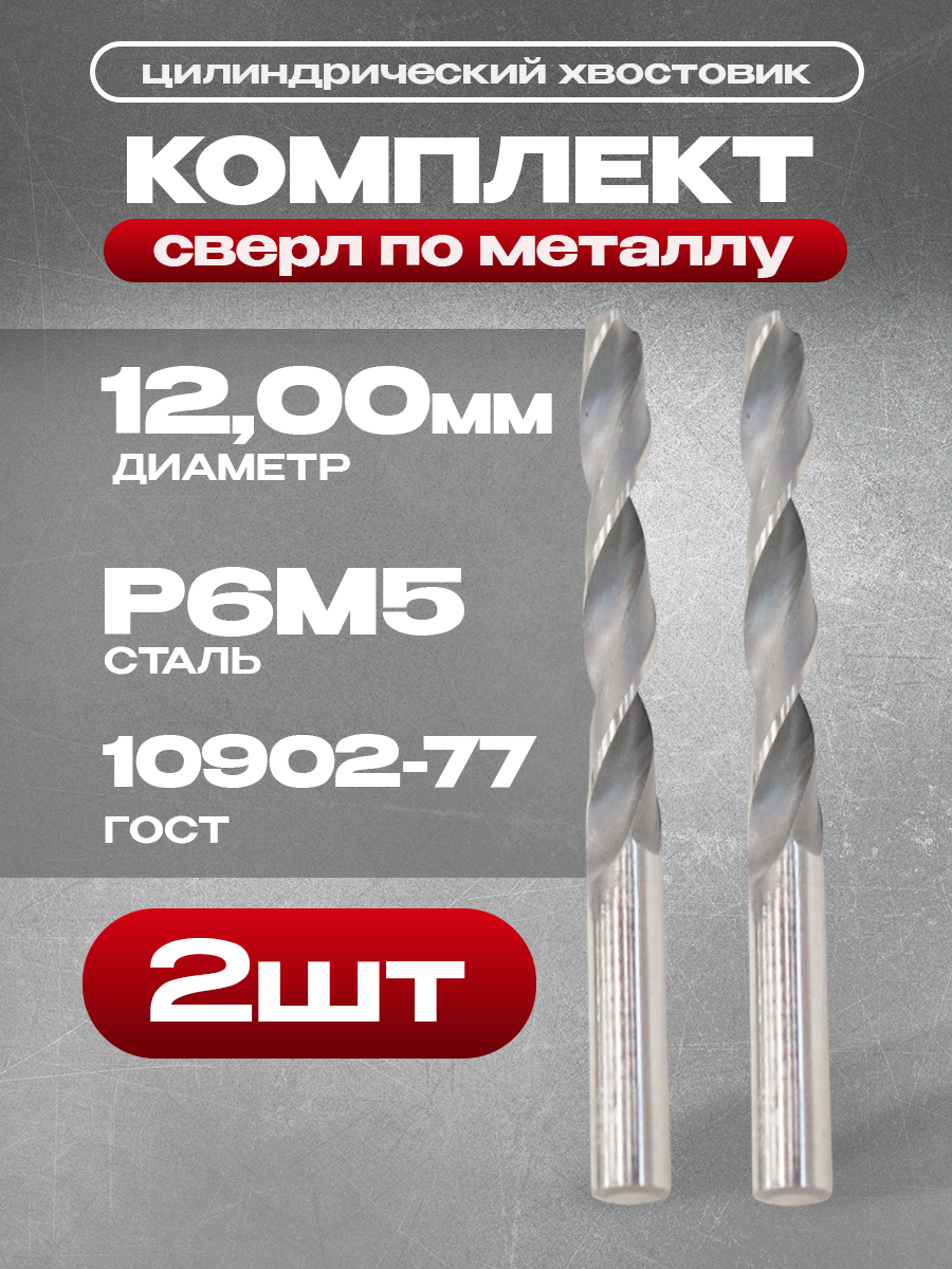 Сверло по металлу 12,00 мм (цилиндрический хвостовик) Р6М5 ГОСТ 10902-77 (комплект 2 шт.)