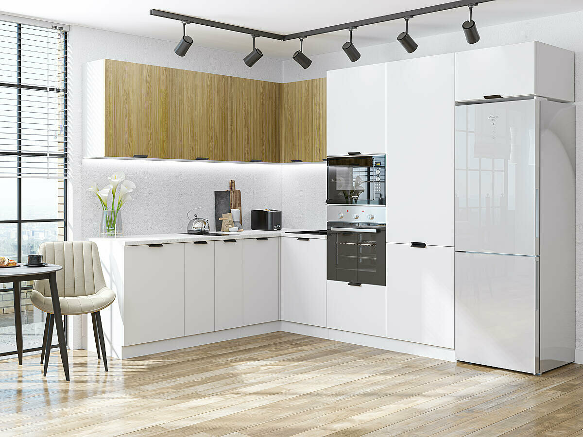 Кухня модульная угловая Готовый кухонный гарнитур Евро Лайн-03 со столешницей 2140*2150-2800*600 Дуб песочный-Белый