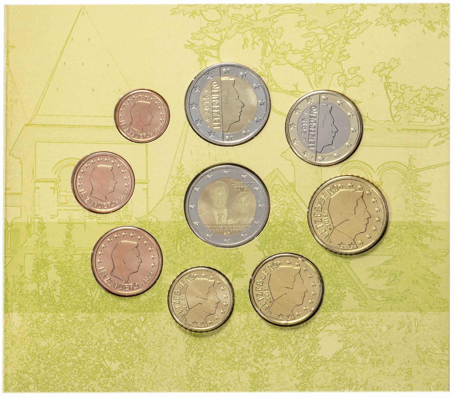 Люксембург 2015 официальный набор евро из 9 монет "Эхтернах" в буклете, Биметалл, нордик, сталь с медным покрытием, в сохранности UNC