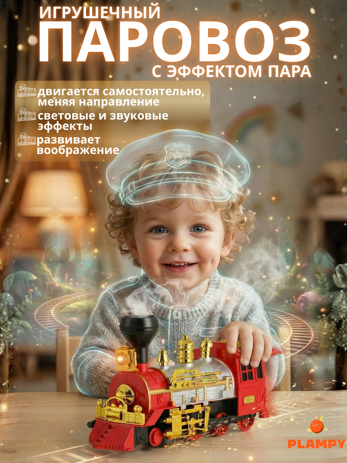 Детский паровоз с дымом и светом, поезд на батарейках со звуком, самодвижущийся локомотив без рельс, 29 см