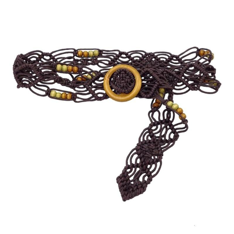 Пояса, Поясная цепочка из хлопка и льна, расшитая бисером- 22 H013 deep coffee