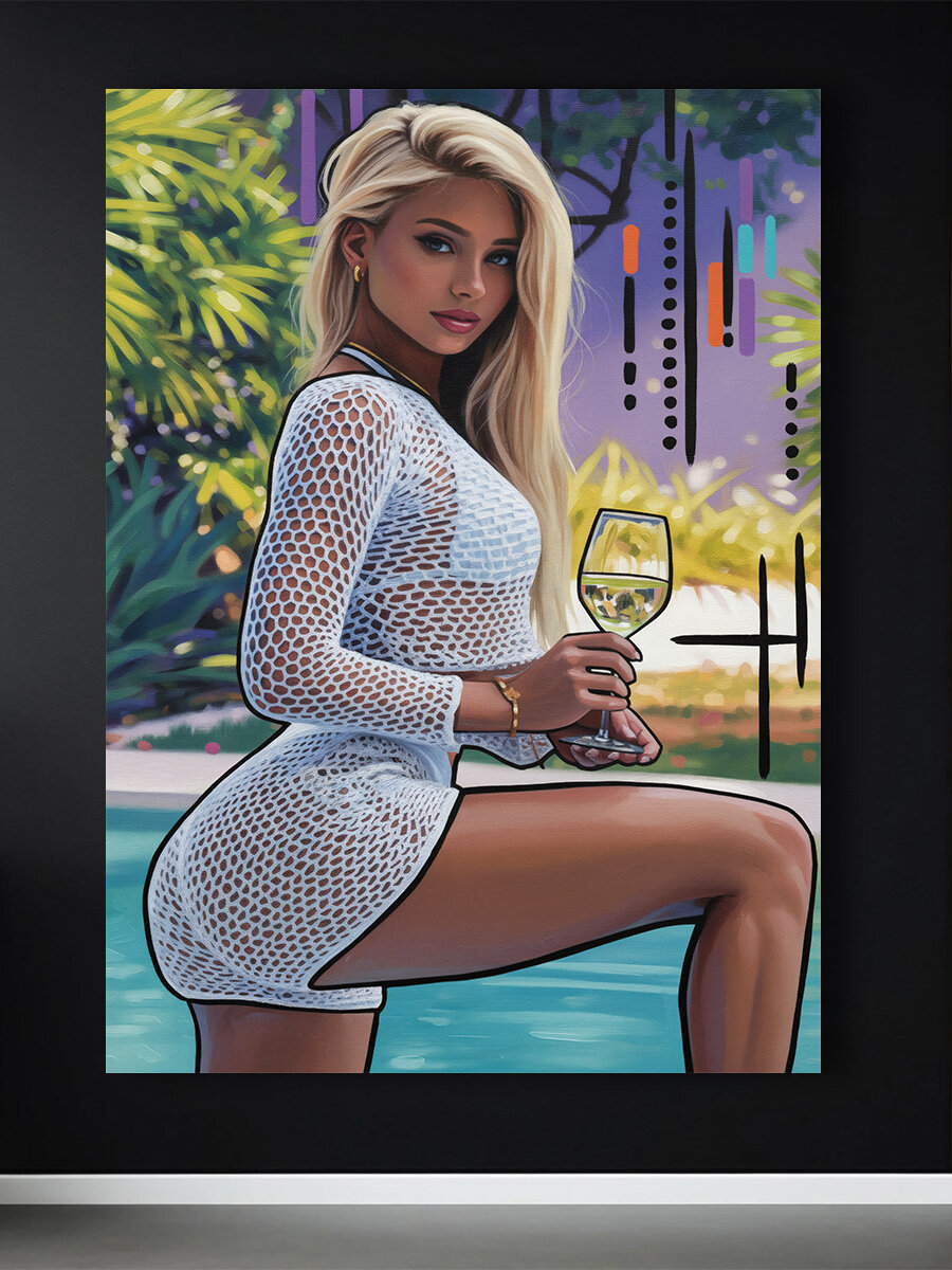 Картина интерьерная - "Стильные девушки в купальниках, бикини, яркий дизайнерский арт на стену в спальню для мужчины" , 40х60 см.