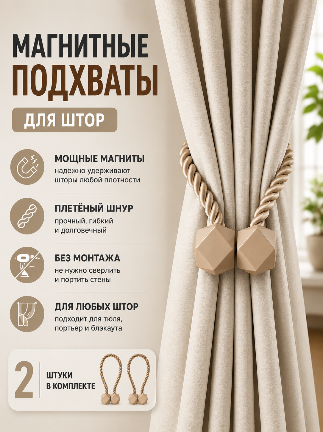 Подхват для штор магнитный, 2 шт, бежевый, для классических штор