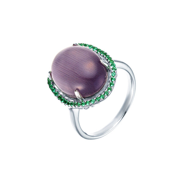 Кольцо, серебро, 925 проба, кошачий глаз, фианит
