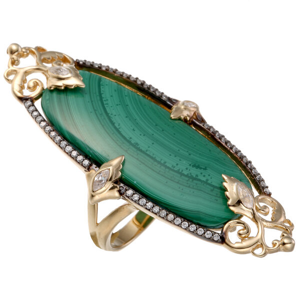 Кольцо, серебро, 925 проба, фианит, малахит