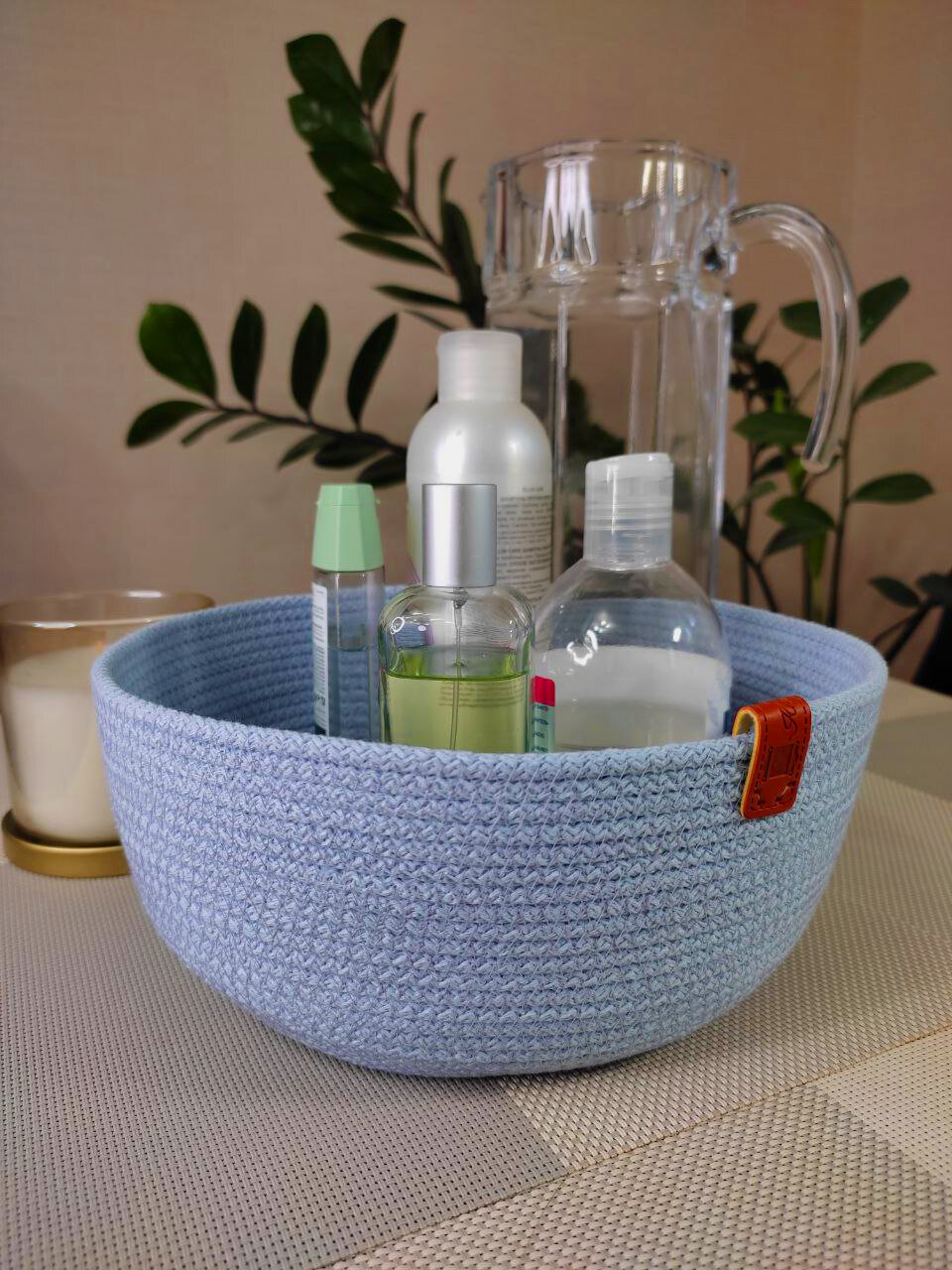 Корзина голубая для хранения из хлопкового шнура