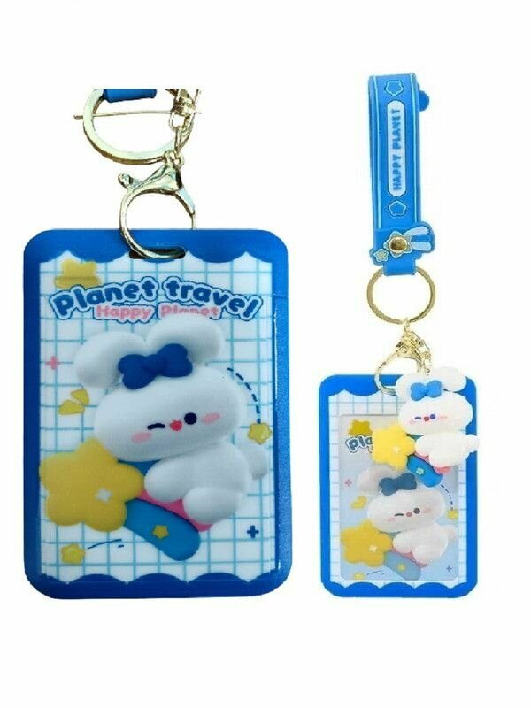 Бейдж вертикальный с брелком Зайчик карабин с держателем 11 х 6,8 см цвет синий