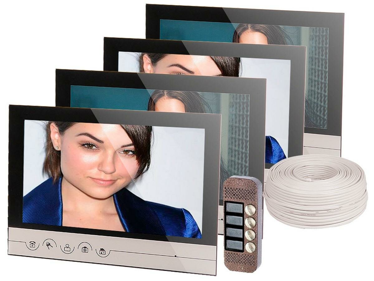 Комплект: домофон для четырех квартир: 4 монитора EP-V90RM вызывная панель JSB-V084. Запись по датчику движения в подарочной упаковке