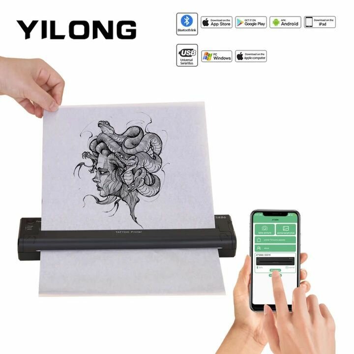 Беспроводной тату термопринтер для эскиза татуировки ATS886 Wireless Tattoo Printer Bluetooth