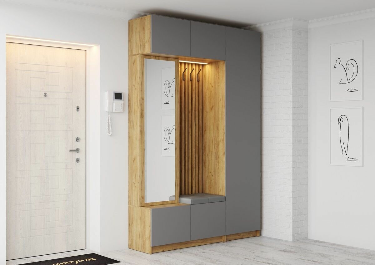 Прихожая с зеркалом комплект мебели Дуб Крафт Золотой/Серый Шифер, Бостон, 155х41,4х236 см Стиль