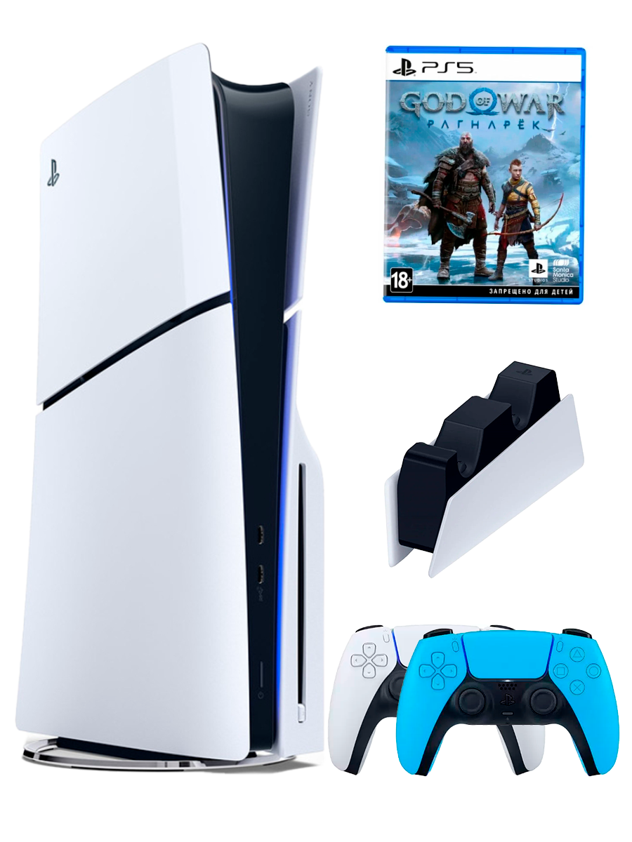 PS5 (ПС5) Игровая приставка Sony PlayStation 5 Slim disc + 2-й геймпад(голубой) + зарядное + игра God War
