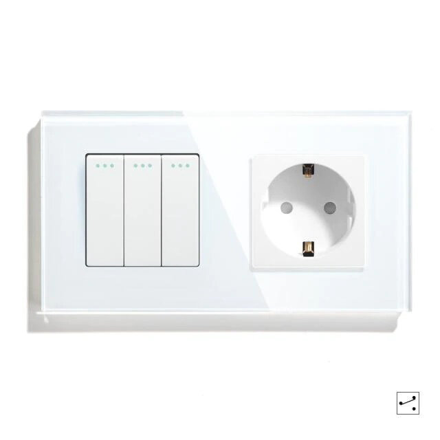 Выключатель с розеткой, 3 клавиши 1 розетка, 2 поста (М3+1F) рамка стекло 157х86мм цвет белый