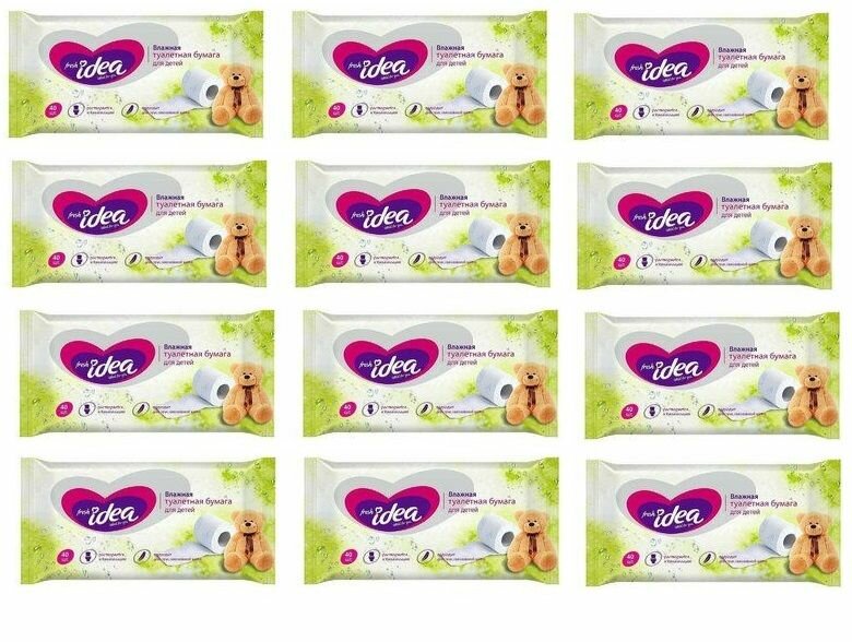 Fresh idea Влажная Детская туалетная бумага 40шт, гипоаллергенная, 12 уп