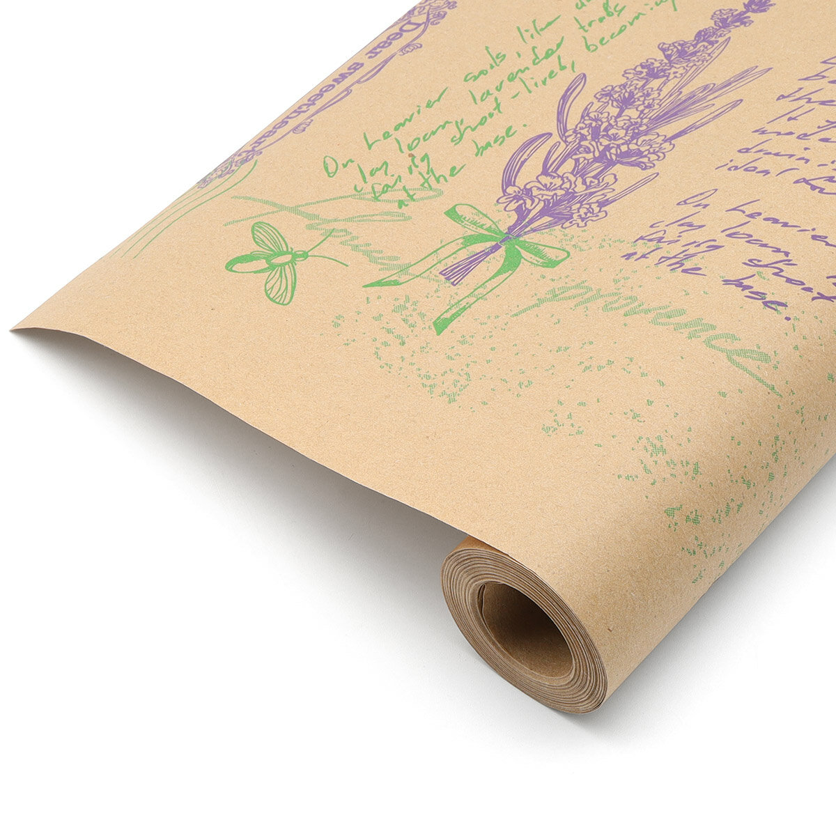 Упаковочная бумага для подарков крафт 'Лаванда', салатовый и сиреневый на коричневом фоне, 720мм*10м, 60г, 60 мкр