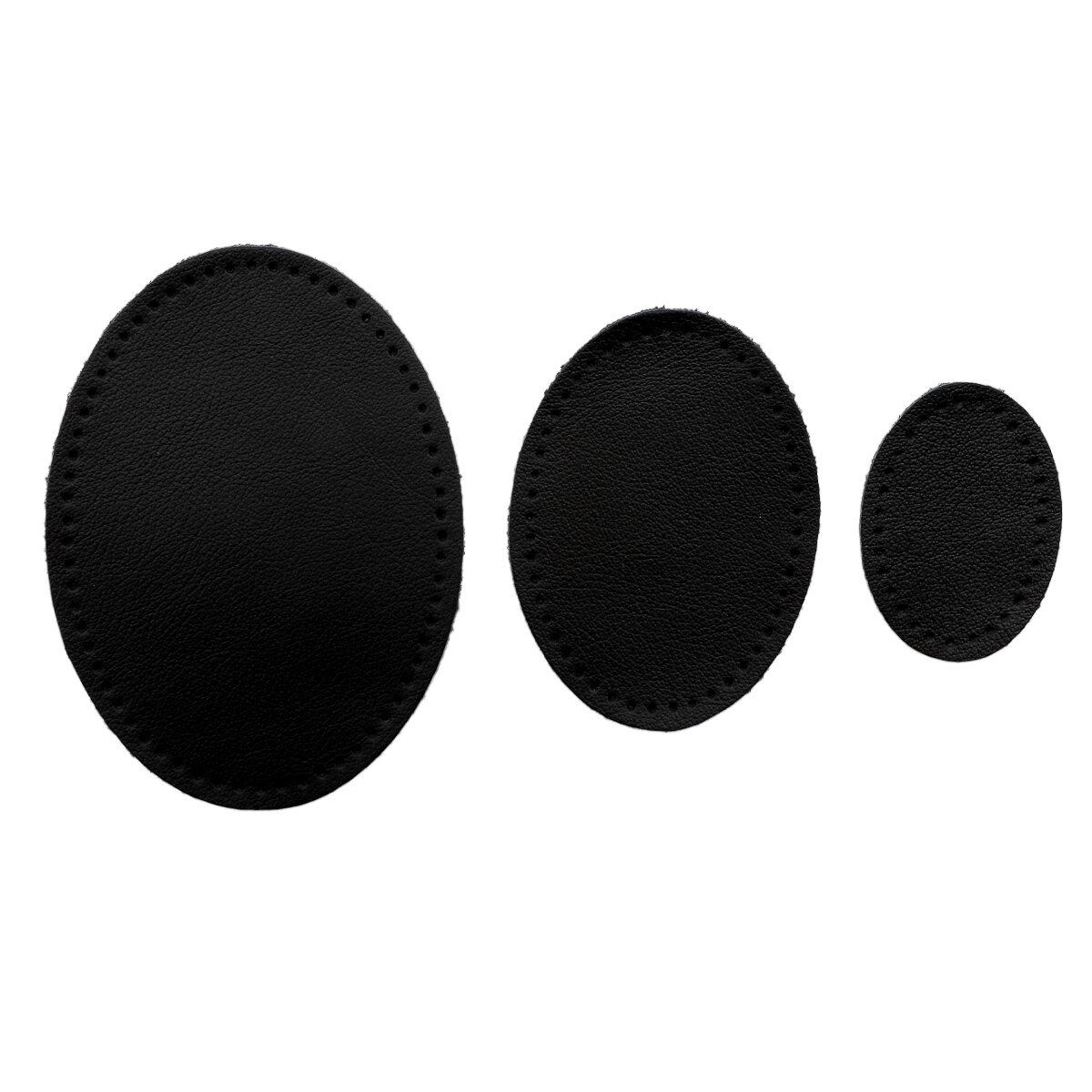 Заплатки на одежду пришивные кожаные овал 4*5,5см, 6*8,2см, 8*10,9см, с перфорацией, 3шт, 01 черный, 9404