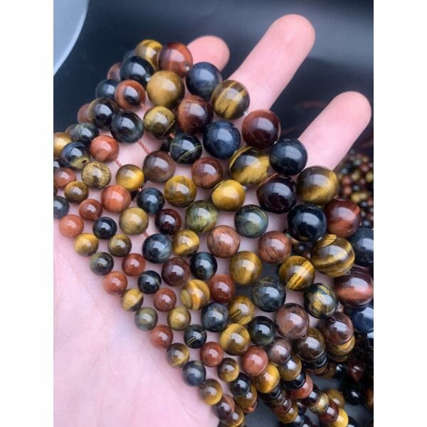 Каменные бусины, Глазковый микс: тигровый, бычий и соколиный, 8 мм, шарик гладкий, нить 38 см, около 47 бусин