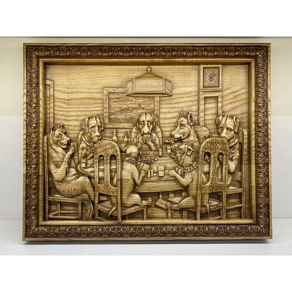 Панно настенное резное из дерева / Собаки играющие в покер / 29х36 см