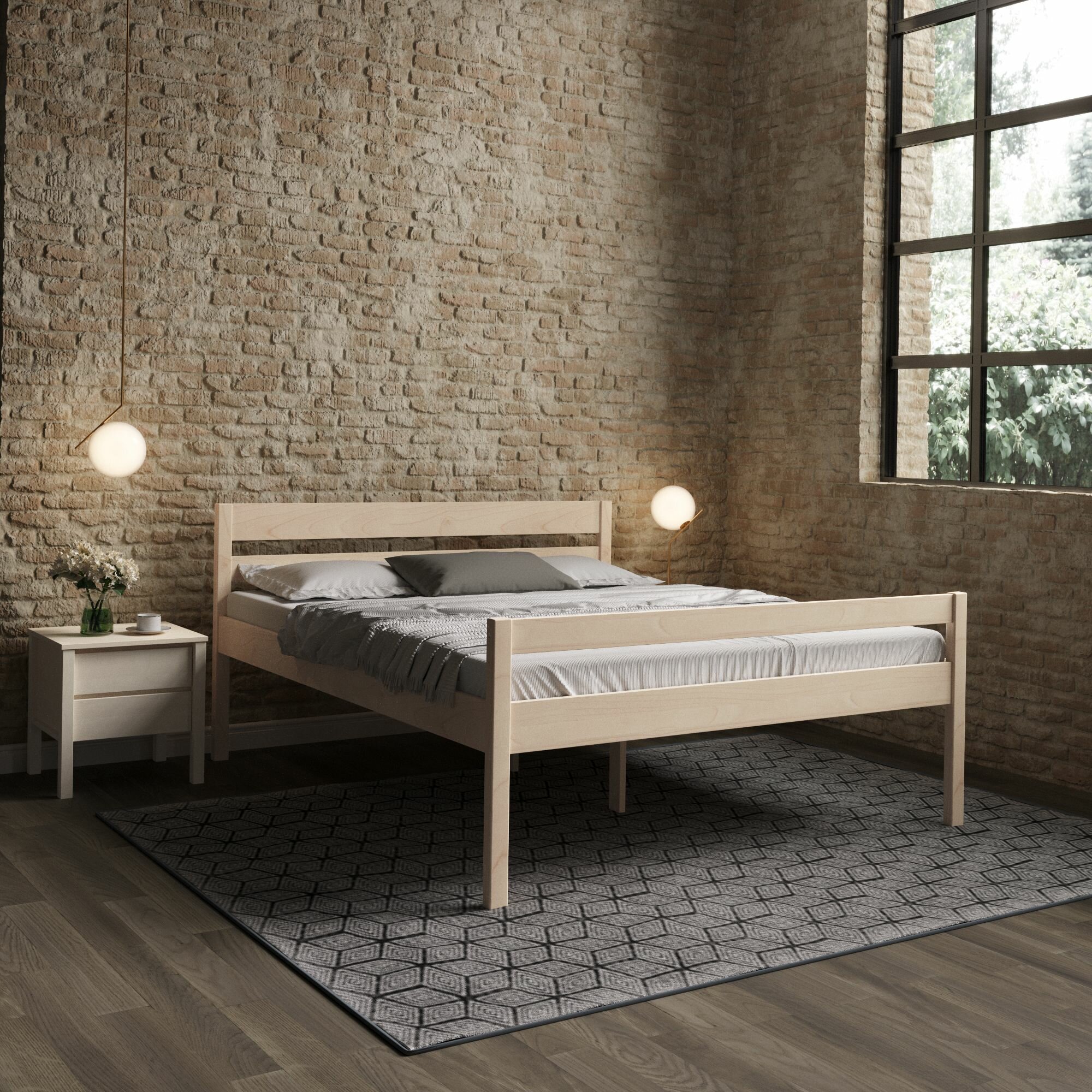 Кровать двуспальная, 160х190 см, Hansales, деревянная, высокая, с изножьем, из массива березы