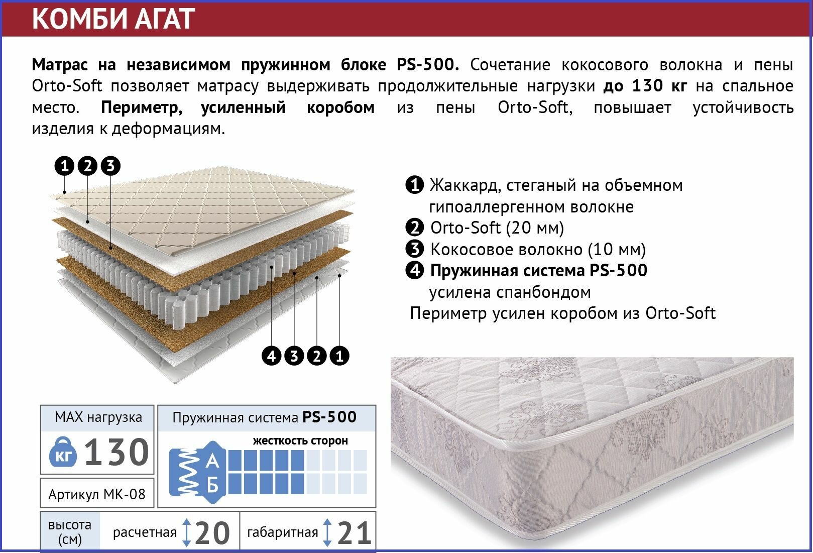 Матрас 160х200 см, комби агат жаккард, Orto-soft 14 мм, независимый пружинный блок PS-500