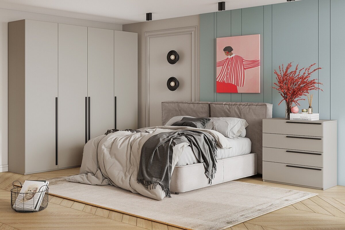 Спальня МебельЛэнд24 Лорена Пакс - 5 Кашемир 292x50x210 бежевый со шкафом с комодом