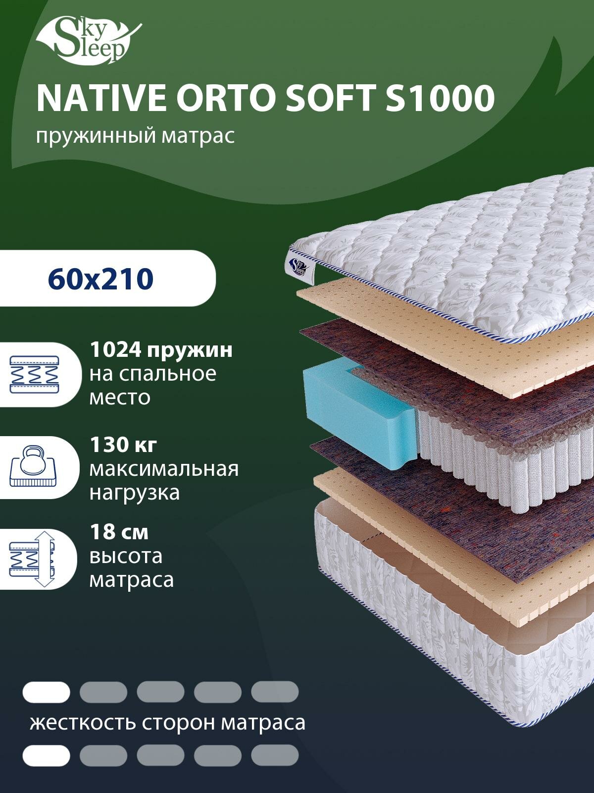 Матрас 60x210 ортопедический пружинный SkySleep NATIVE ORTO SOFT S1000