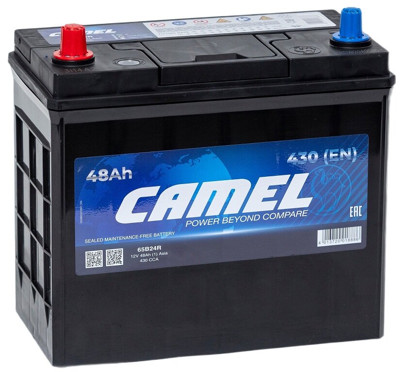 Аккумулятор автомобильный Camel Asia 65B24R 52 А/ч 430 А прям. пол. тонк. кл. Азия авто (238x129x227)