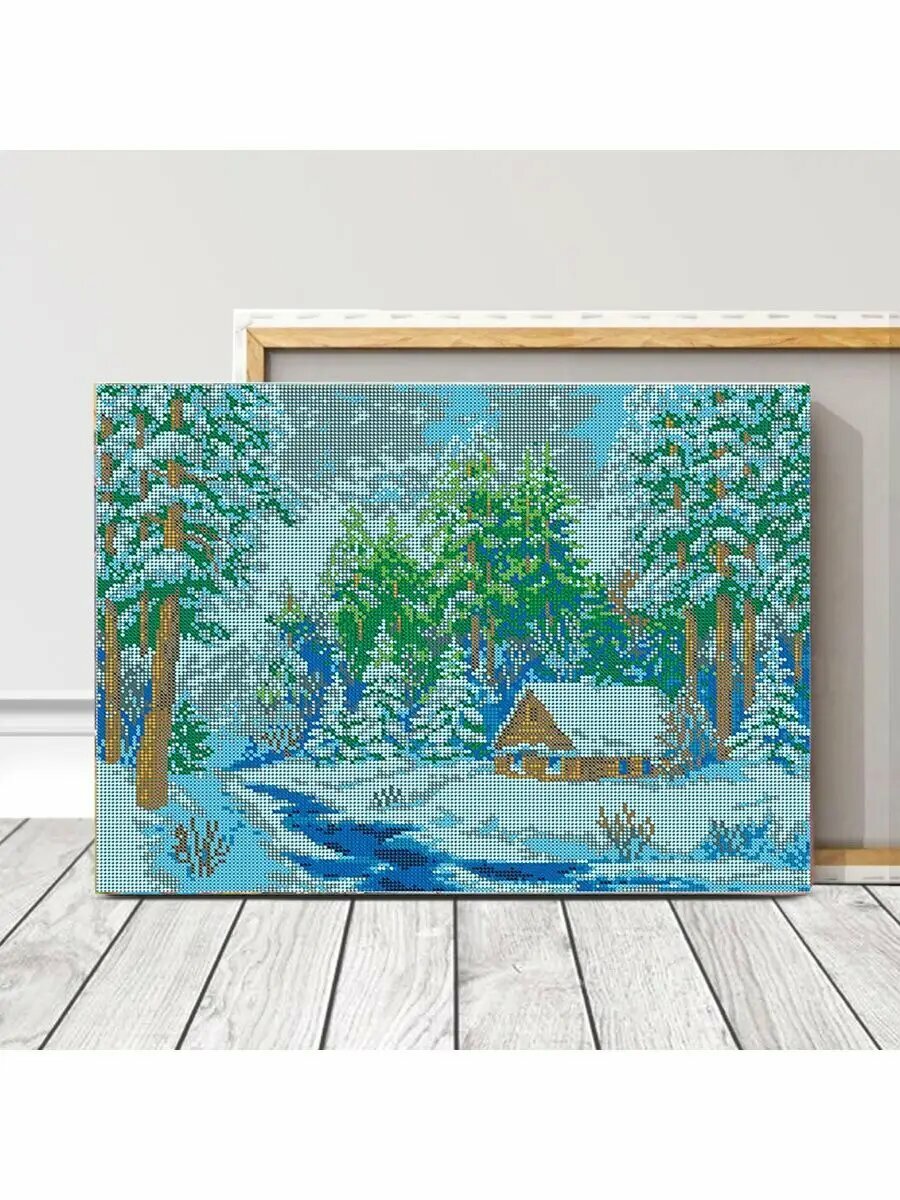 Алмазная мозаика "Дом в лесу" Диамант, на подрамнике, круглый страз, 43,5x55 см