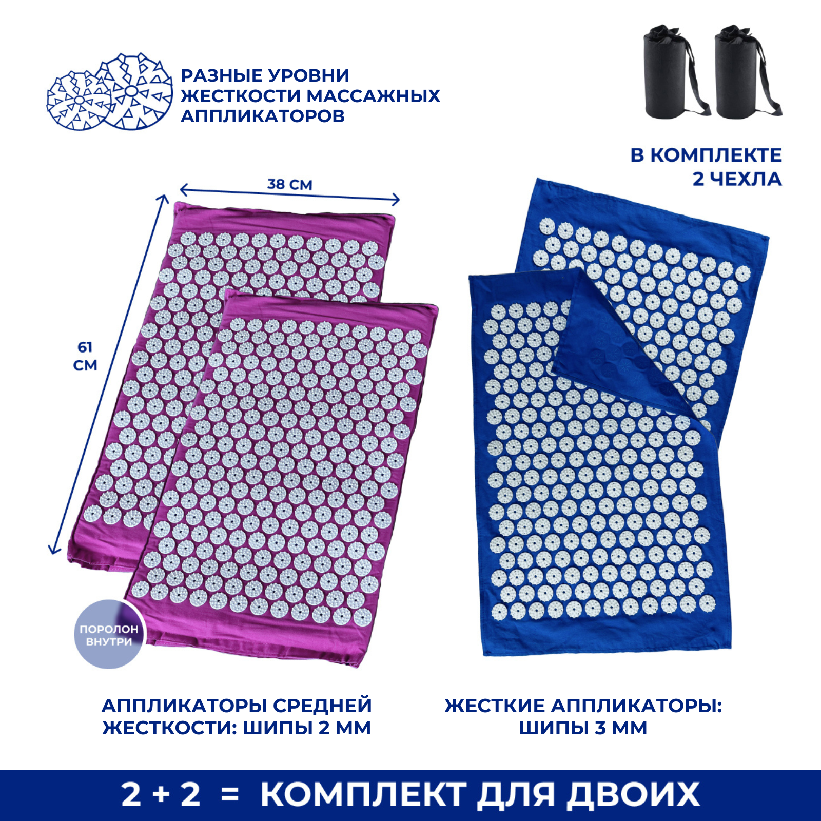 Комплект: 2 коврика фиолетовых +поролон+ 2 чехла+2 коврика однослойных синих