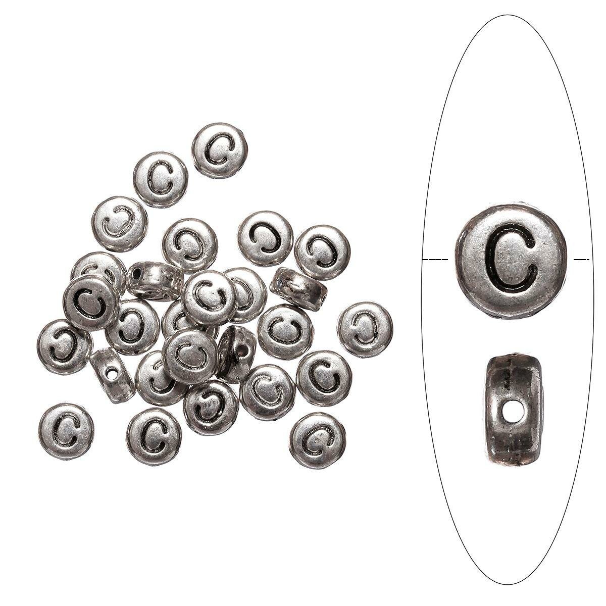 Бусина металлическая, 7х4мм, буква C, базовый материал - цинковый сплав, серебристая с чернением, 10 шт.