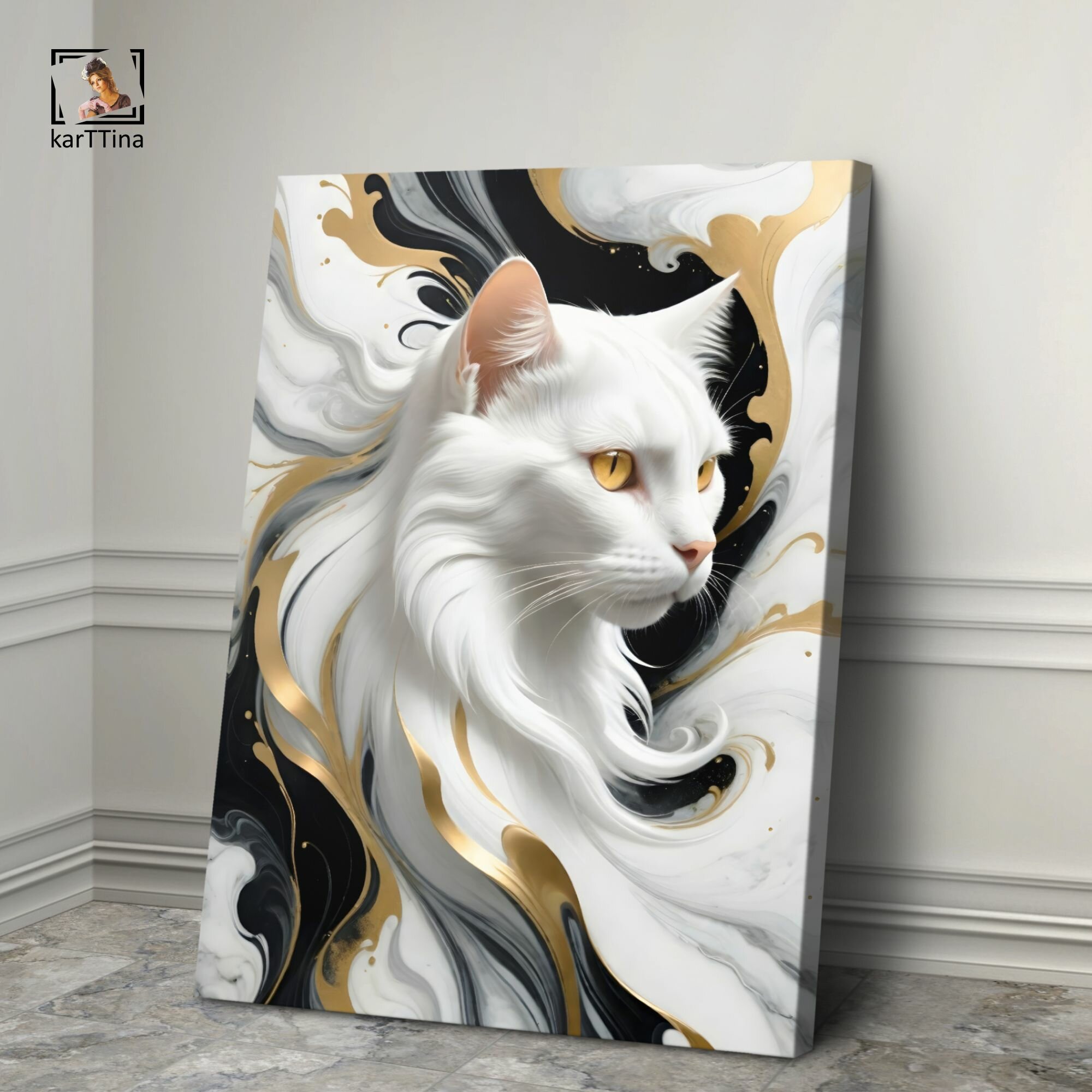 Картина на стену, интерьерная "Белая кошка" 50х70 см