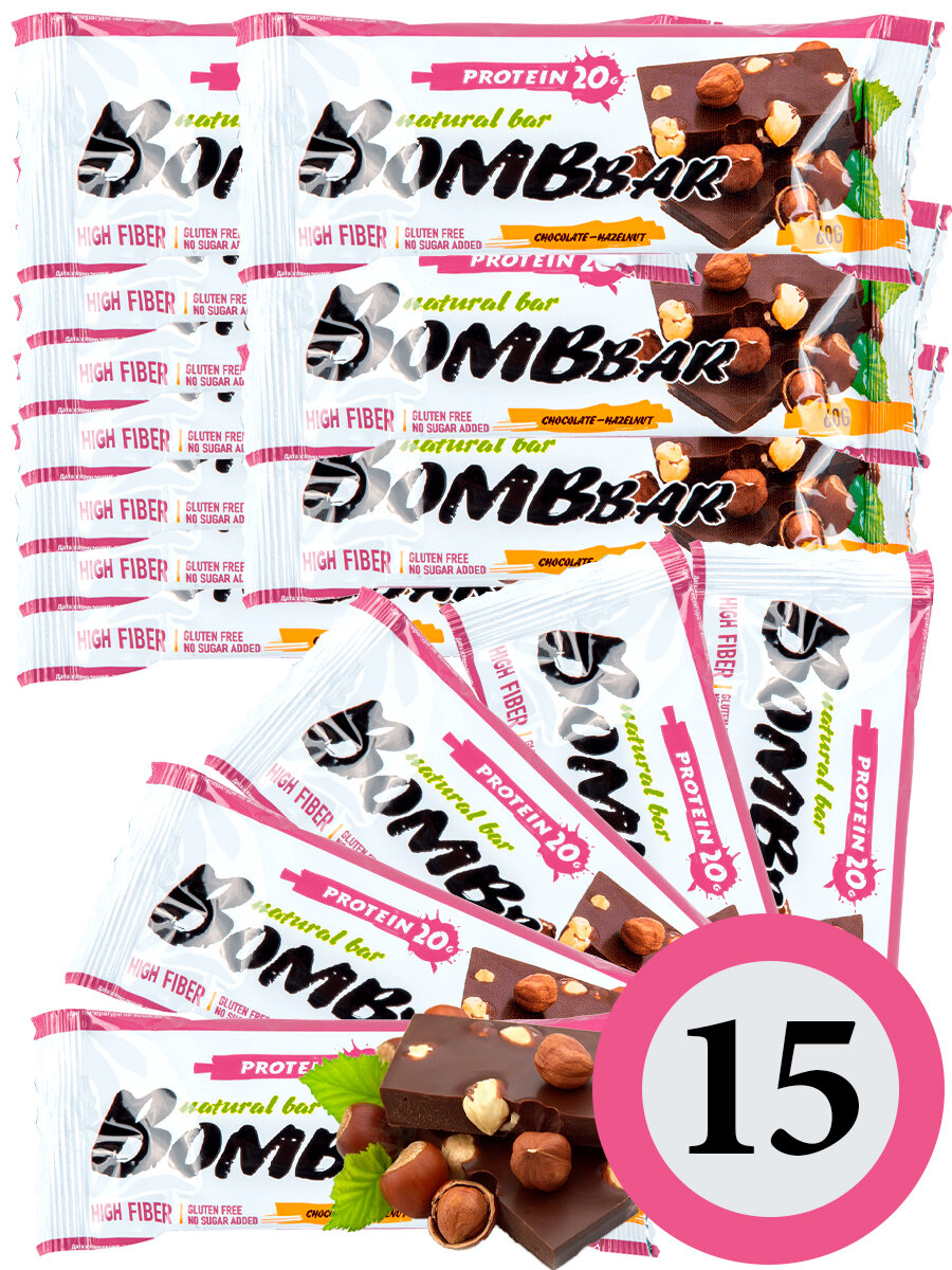 Протеиновый батончик BombBar Protein Bar 15 x 60 г, Шоколад - Фундук