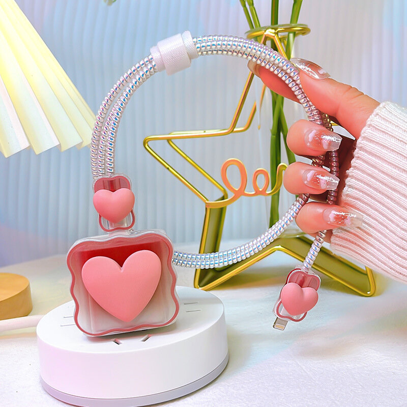 Набор для зарядки "Apple Wave Love", 3D-сердце, розовый, защита от падения