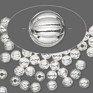 Бусина металлическая, 5мм, с бороздками, базовый материал - латунь, посеребренная, 10 шт.