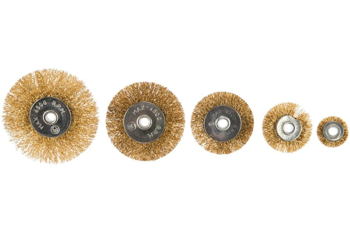 Набор щеток-крацовок для дрели 5 шт. (25, 38, 50, 63, 75 мм) со шпилькой (волнистая проволока)