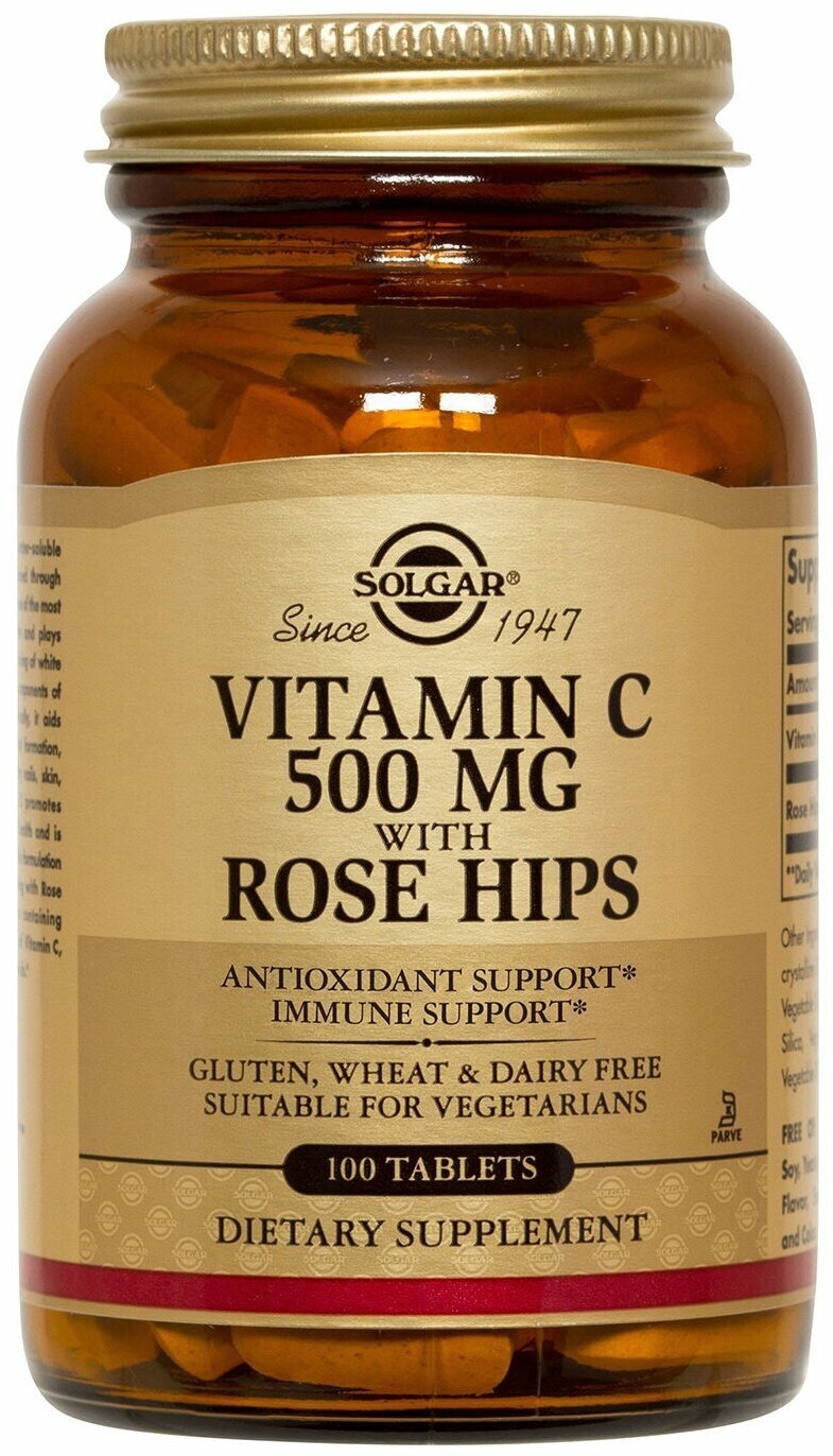 БАД Solgar Таблетки "Витамин С и шиповник", 100 шт. Vitamin C 500 mg with Rose Hips