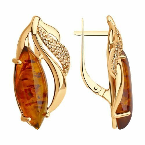 Серьги, серебро, 925 проба, золочение, фианит