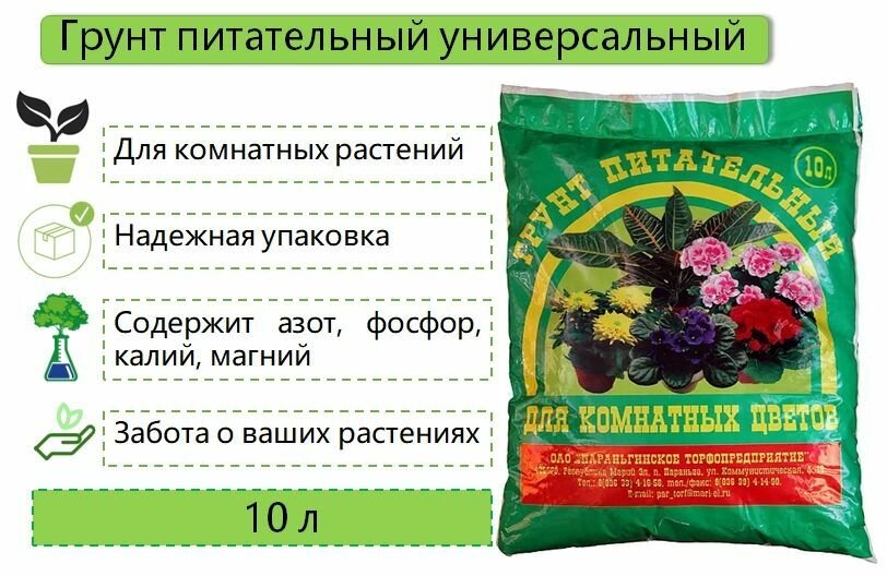 Грунт (земля) для растений универсальный для комнатных растений и цветов (фикусов, фиалок, бегоний, герани, петуний, роз), почвогрунт для рассады овощей и ягод, Параньга, 10л