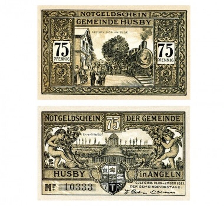 Германия 75 пфеннигов 1921 Хусби, сувенирная копия нотгельда, банкноты и купюры редкие коллекционные