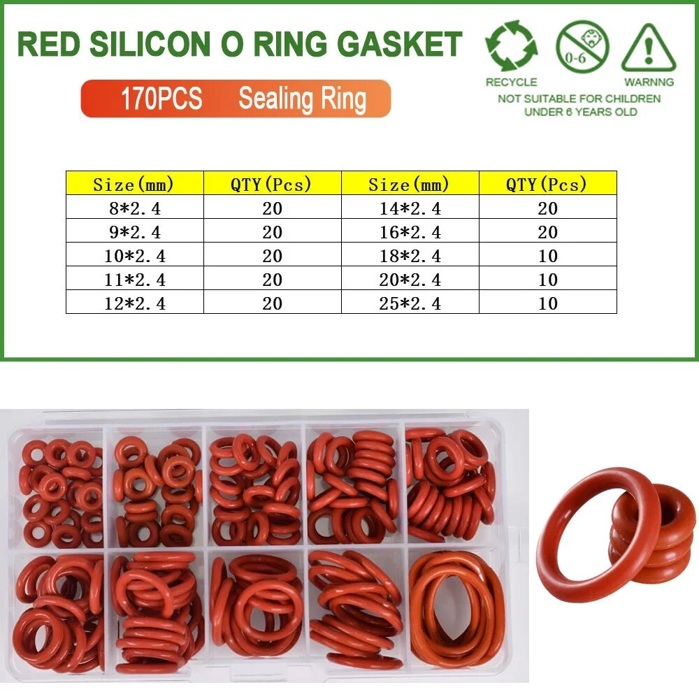 Набор уплотнительных колец силиконовых, Red, 170шт, CS2.4mm