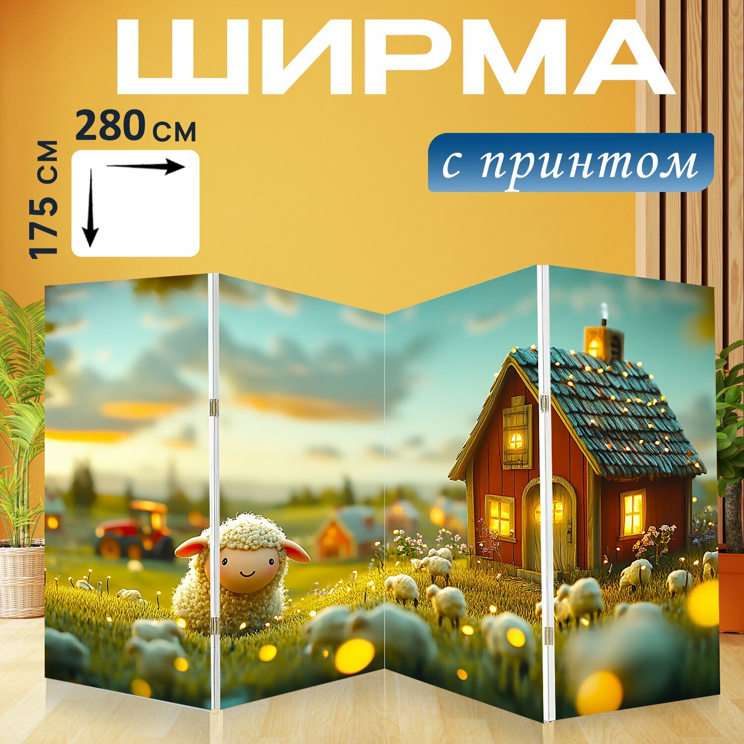 Ширма Обои, фон, детская комната "Овцы, ферма, красивый пейзаж, Дом в деревне, Картинка для детей" перегородка для зонирования комнаты с принтом 280x175 см. на холсте